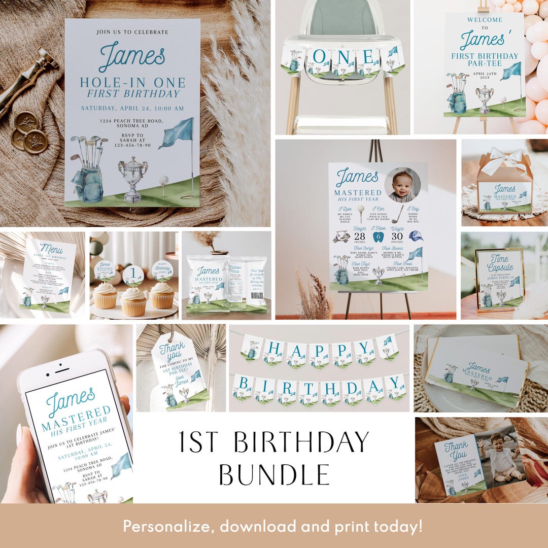 Complete Golf 1st Birthday Party Invitation Bundle Printable, Golf ...
