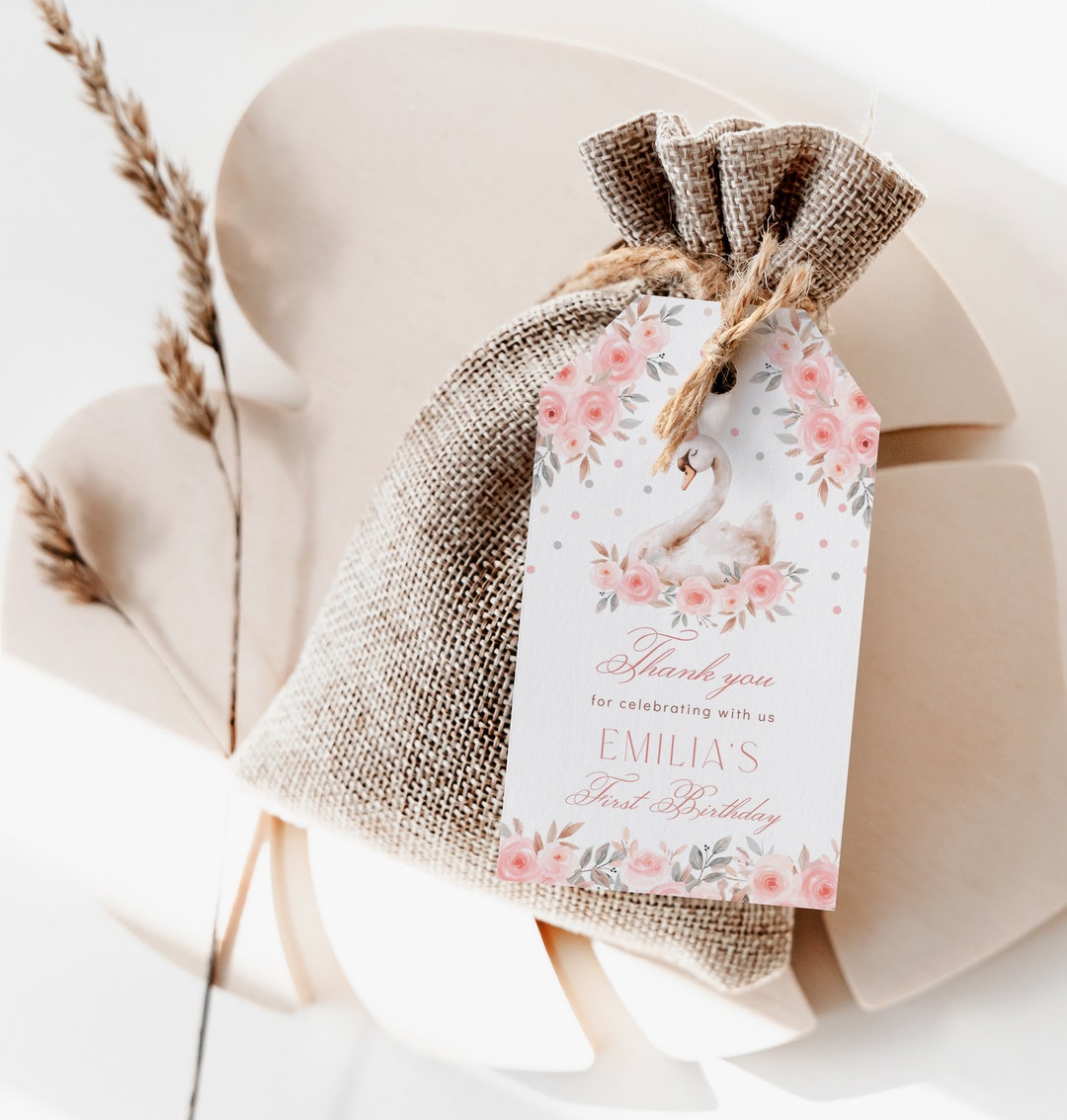 Princess Swan Girl Birthday Thank You Tag, Editable Swan Floral Boho B ...