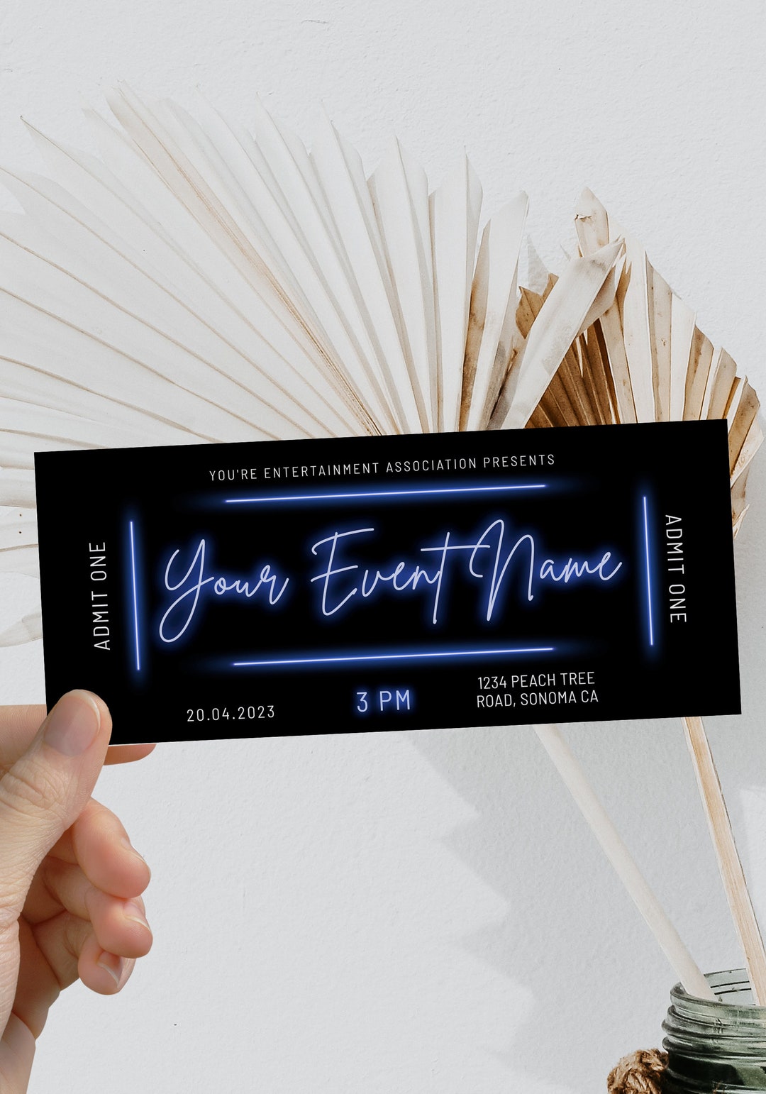Blue Neon Light Event Ticket Template Editable, Birthday Concert Ticket ...