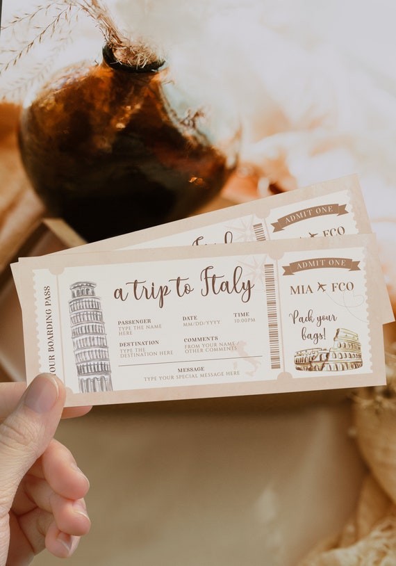 Editable Italy surprise boarding pass gift voucher, vacation ticket ...