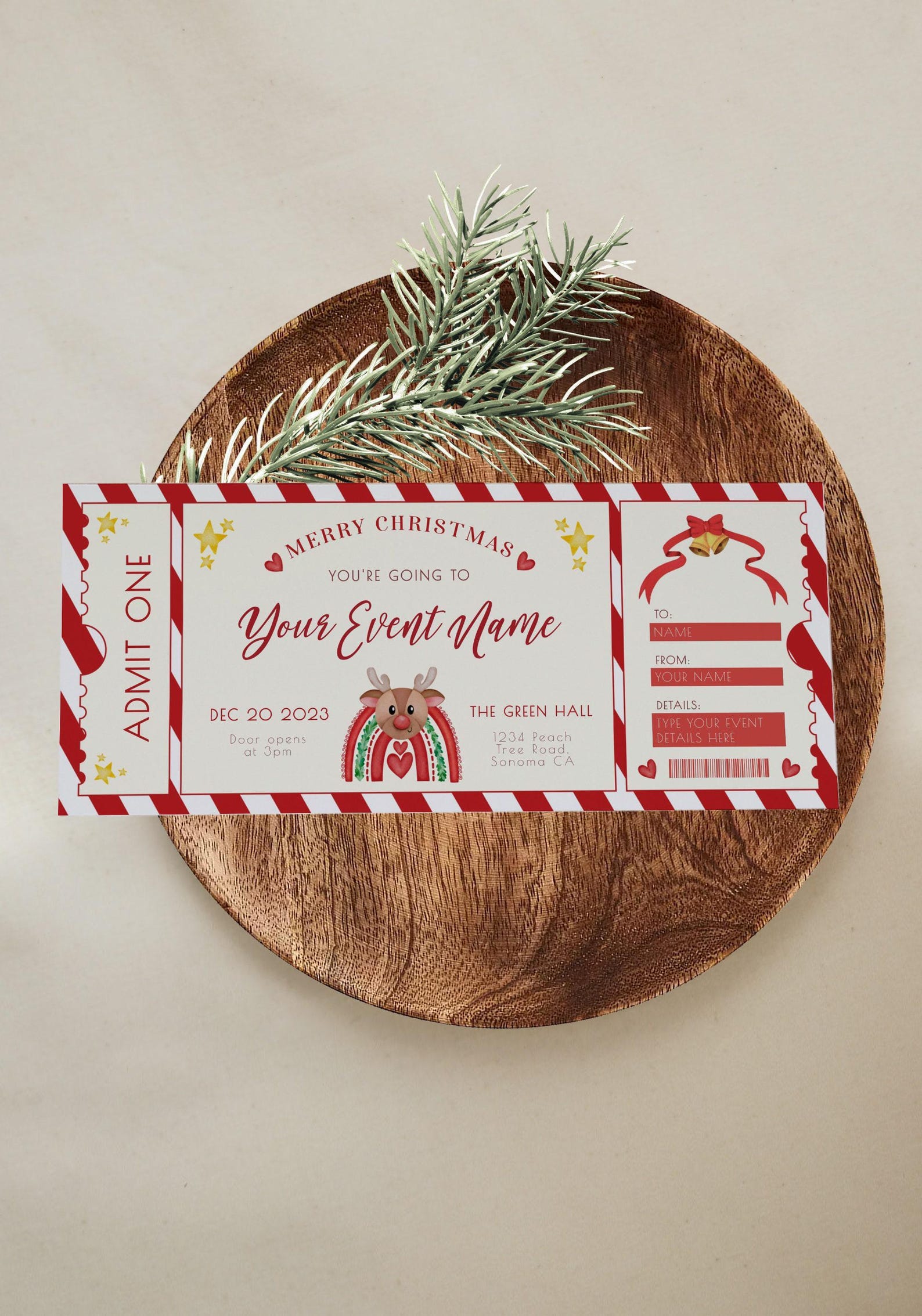 Merry Christmas Event Invite Ticket Template Printable: Red Ribbon ...