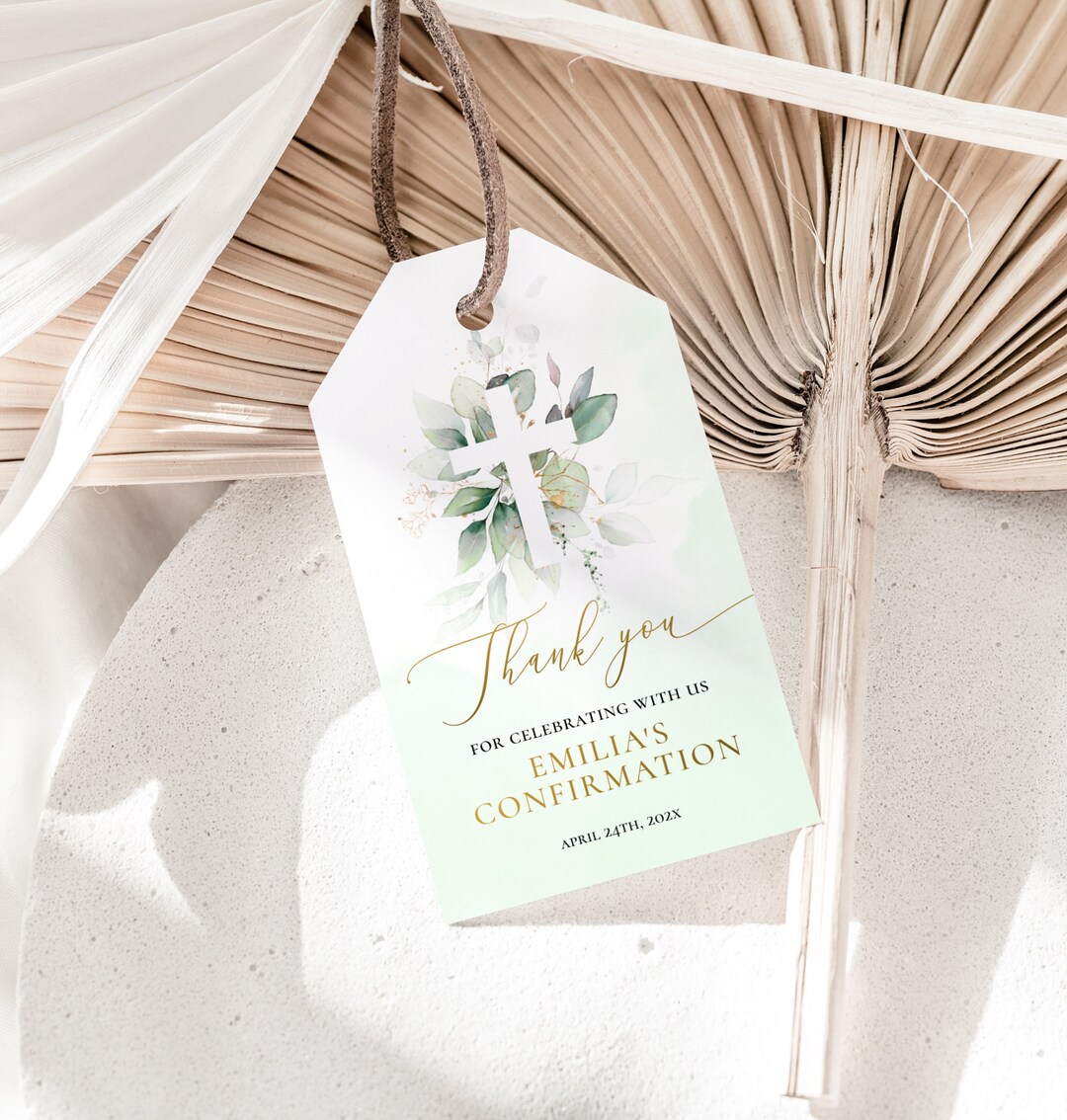 Boy Girl Cross Baptism Thank You Tag, Greenery Confirmation Favor Gift ...
