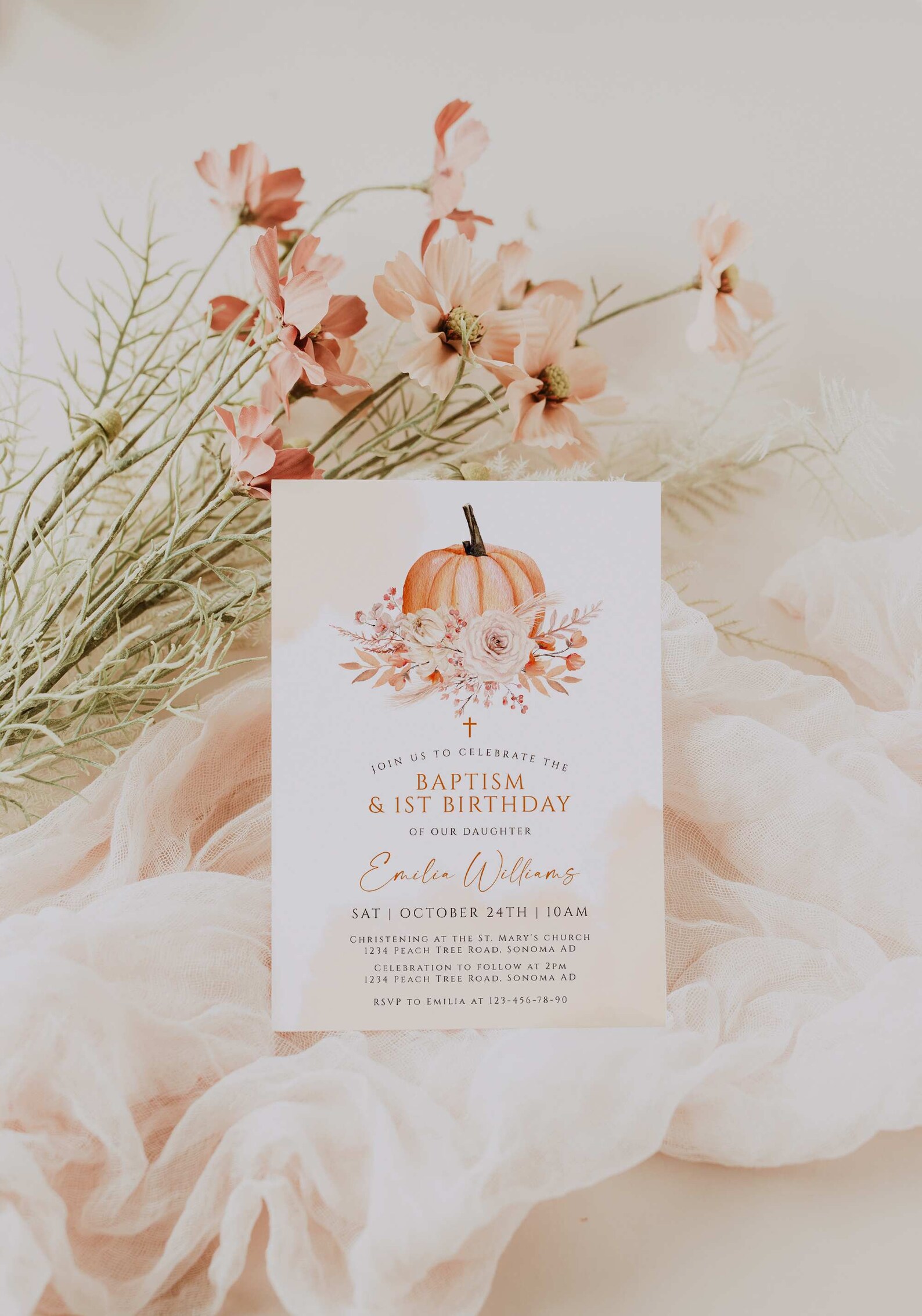 Editable Modern Autumn Baptism and First Birthday Invitation for a Girl ...