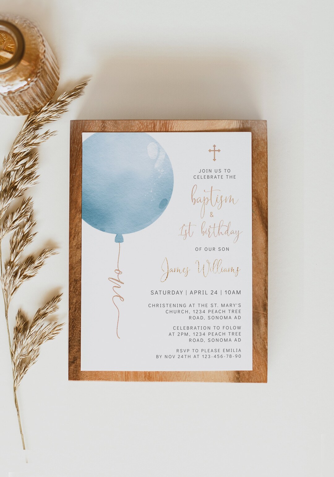 Balloon 1st Birthday & Baptism Invitation Boy Printable, Dusty Blue ...