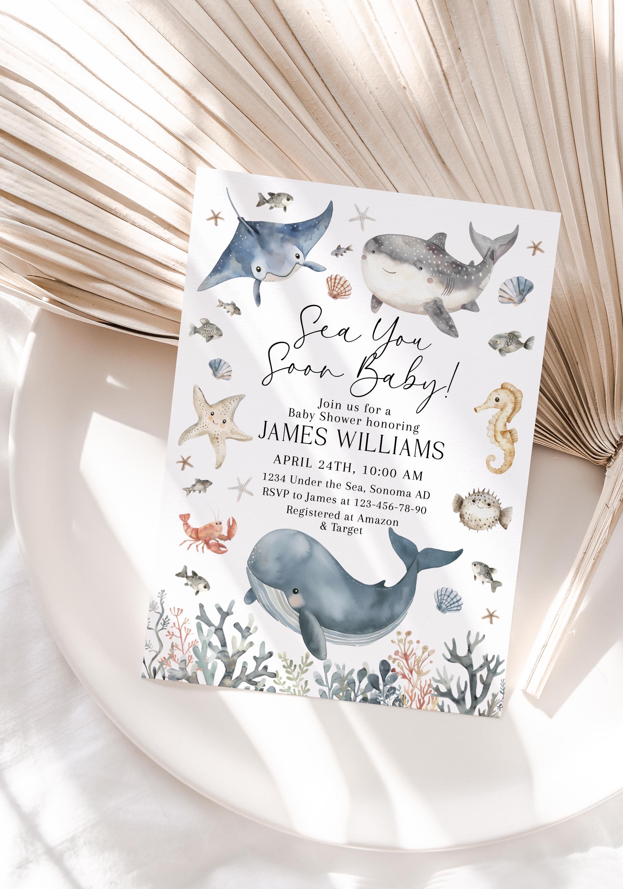 Sea You Soon Baby Shower Invitation Printable, Boy Ocean Baby Shower ...