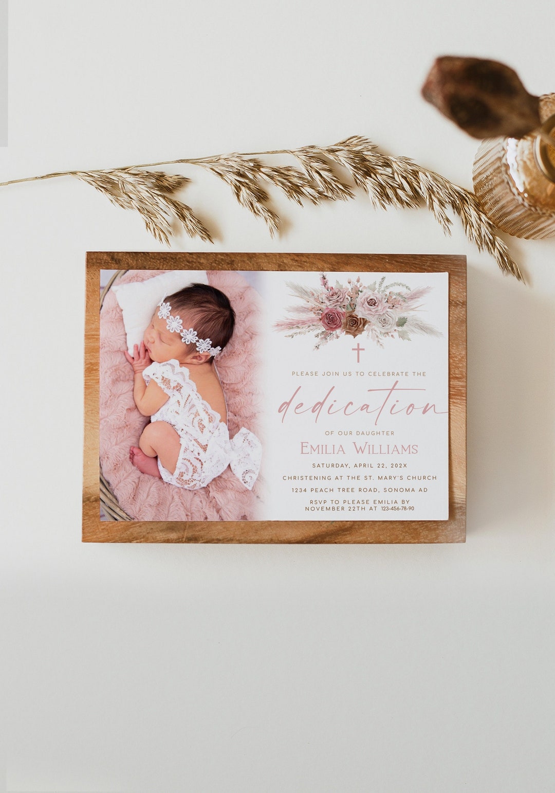 Bohemian Girl Dedication Invitation Template, Pampas Grass Dedication ...