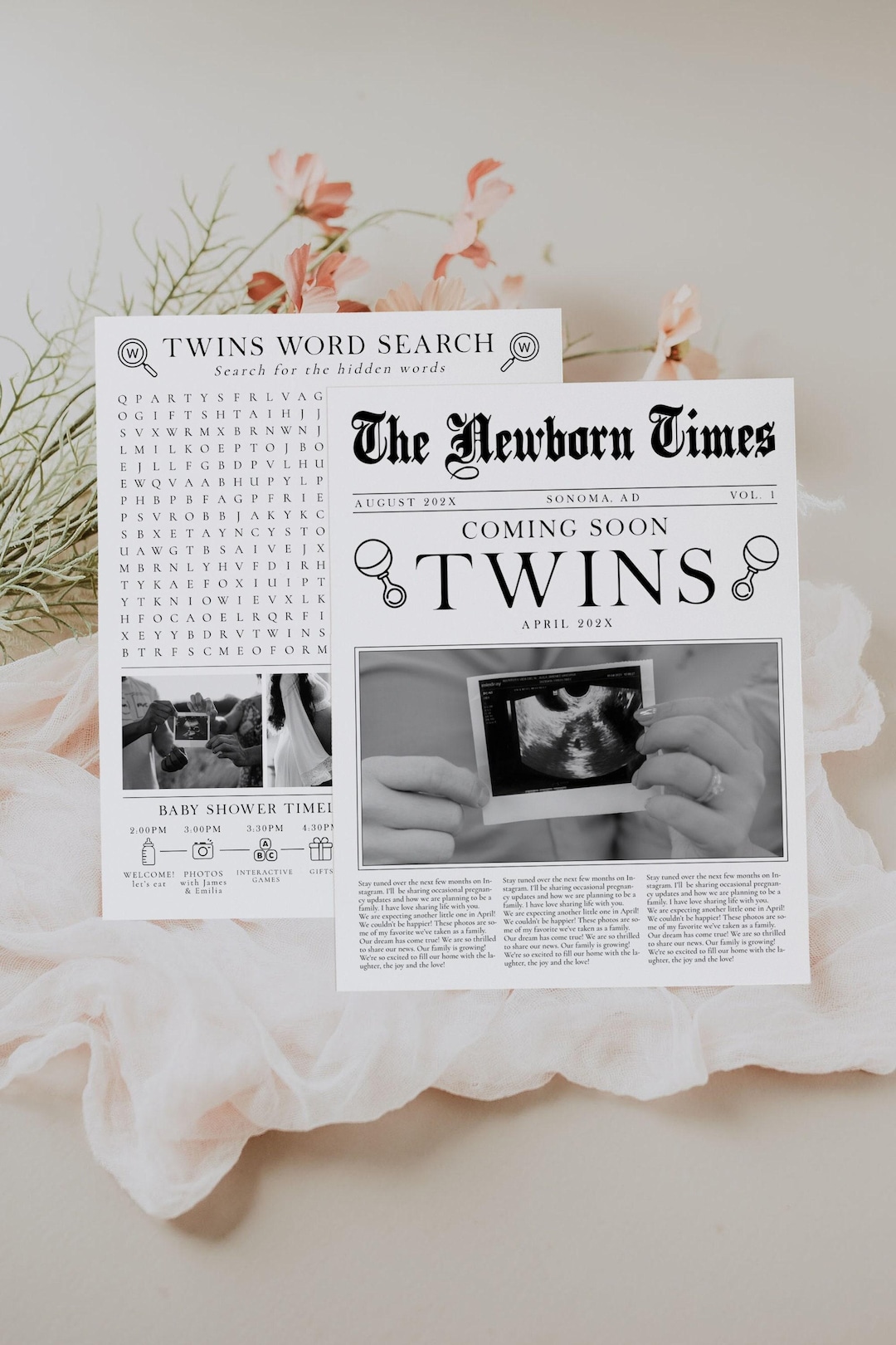 Baby Shower Pregnancy Announcement Twins Coming Soon Black & White ...