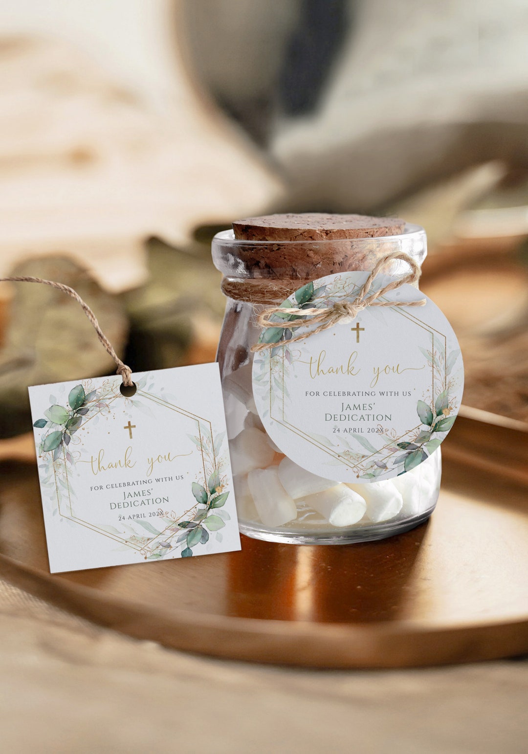 Modern Greenery and Gold Dedication Favor Tag Editable, Gender Neutral ...