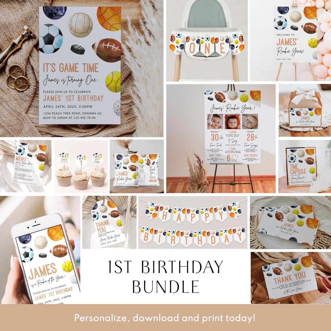 Complete All Sports Balls 1st Birthday Invitation Bundle Printable ...