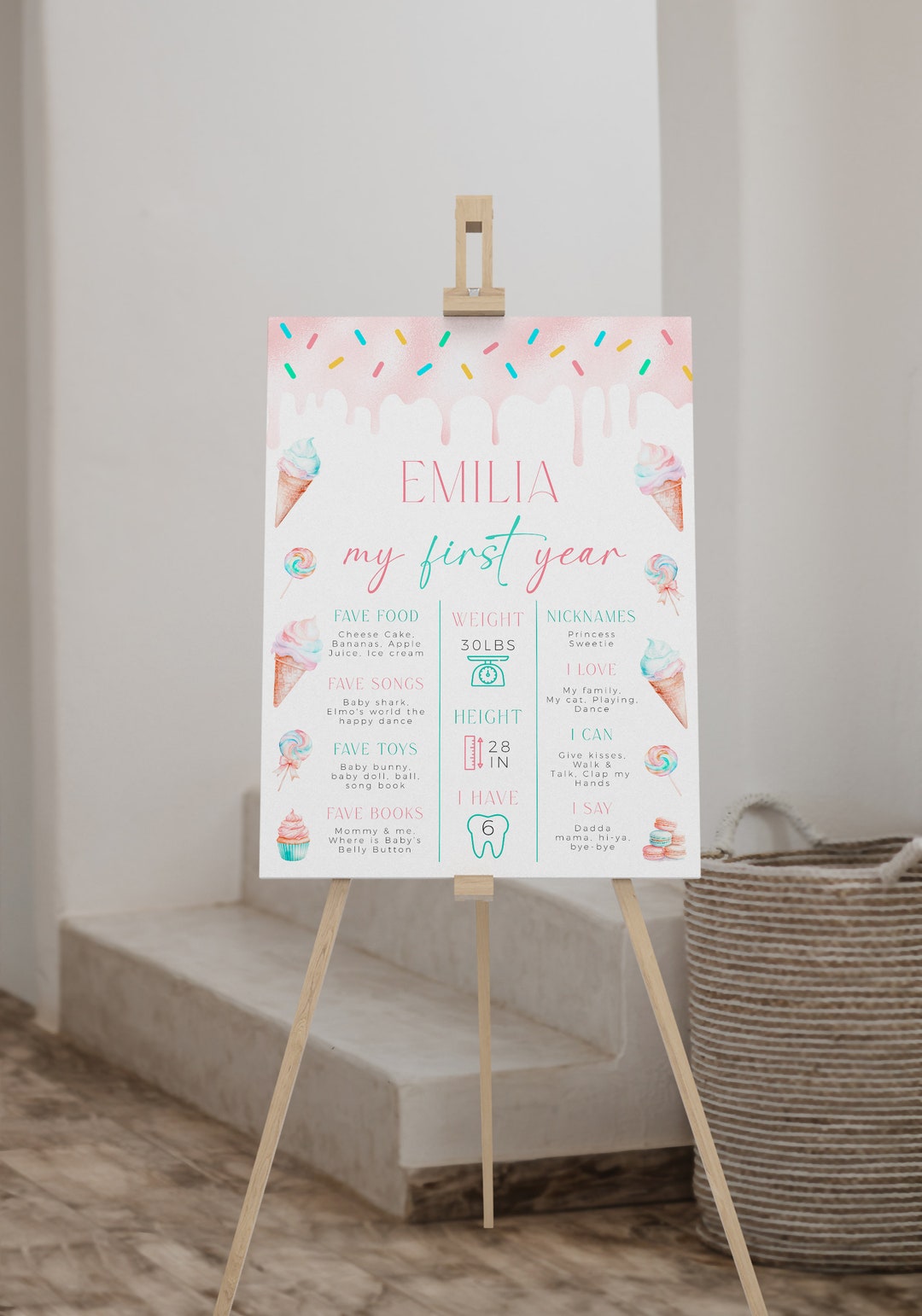 Editable Sweets Candy Birthday Milestone Poster, Donut First Year ...
