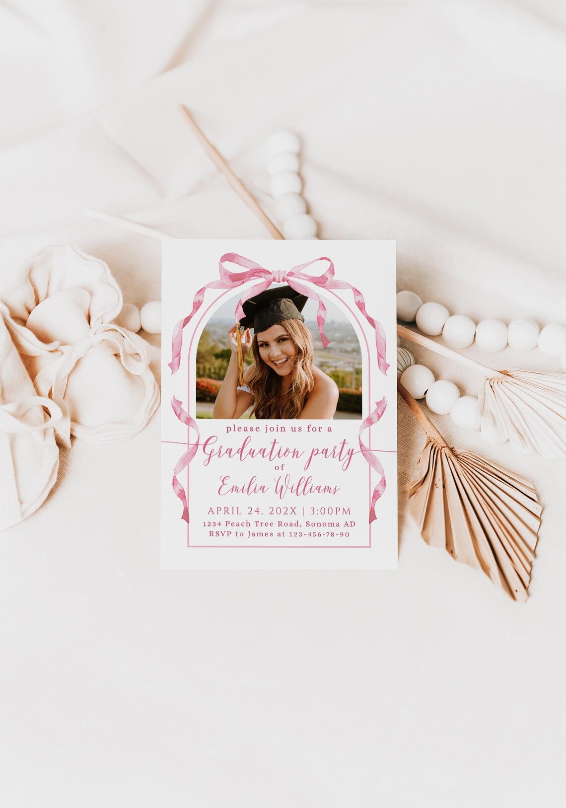 Pink Bow Graduation Announcement Invitation With Photo Printable ...