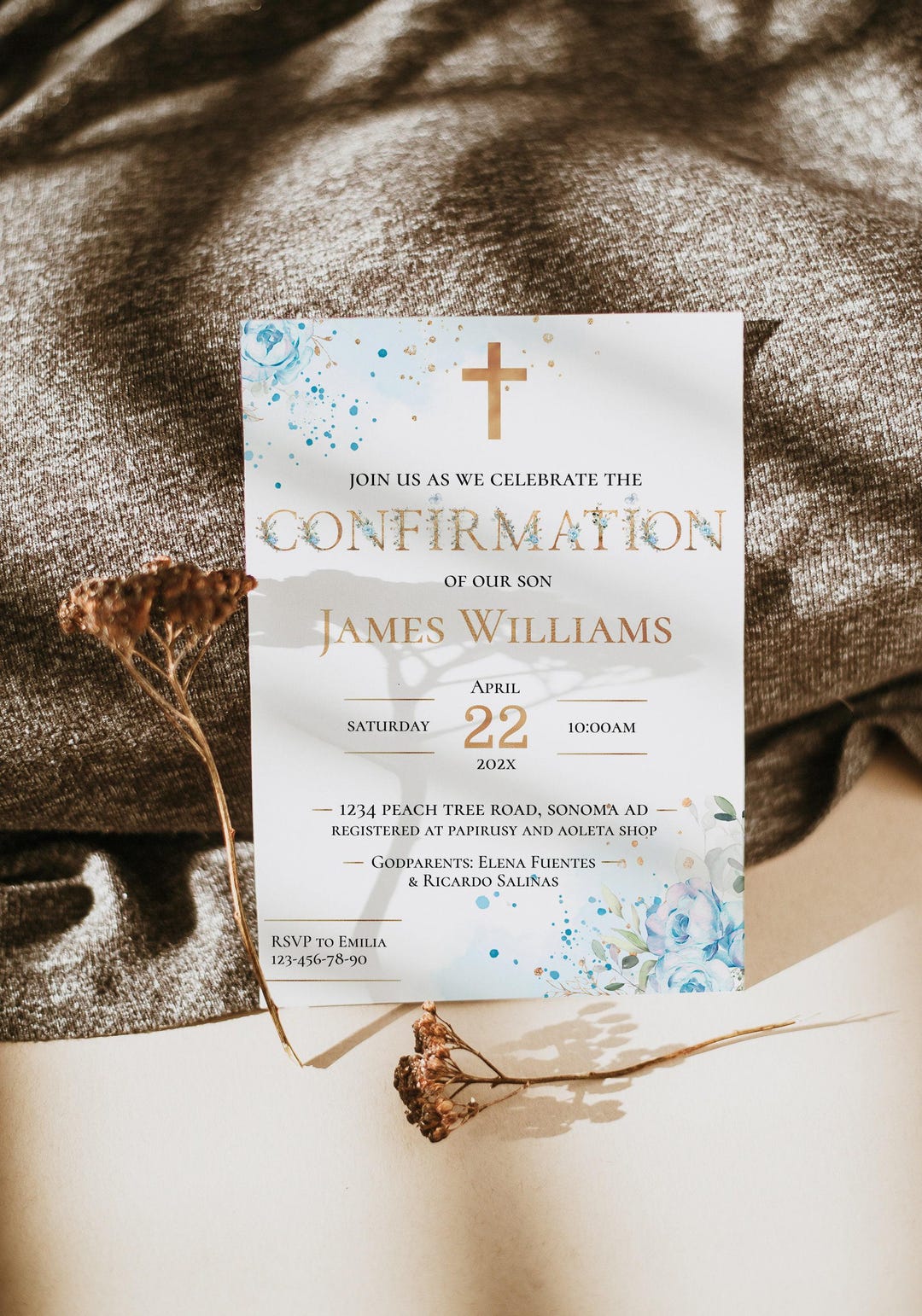 Modern Boy Confirmation Invitation Printable, Blue Flowers and Gold ...