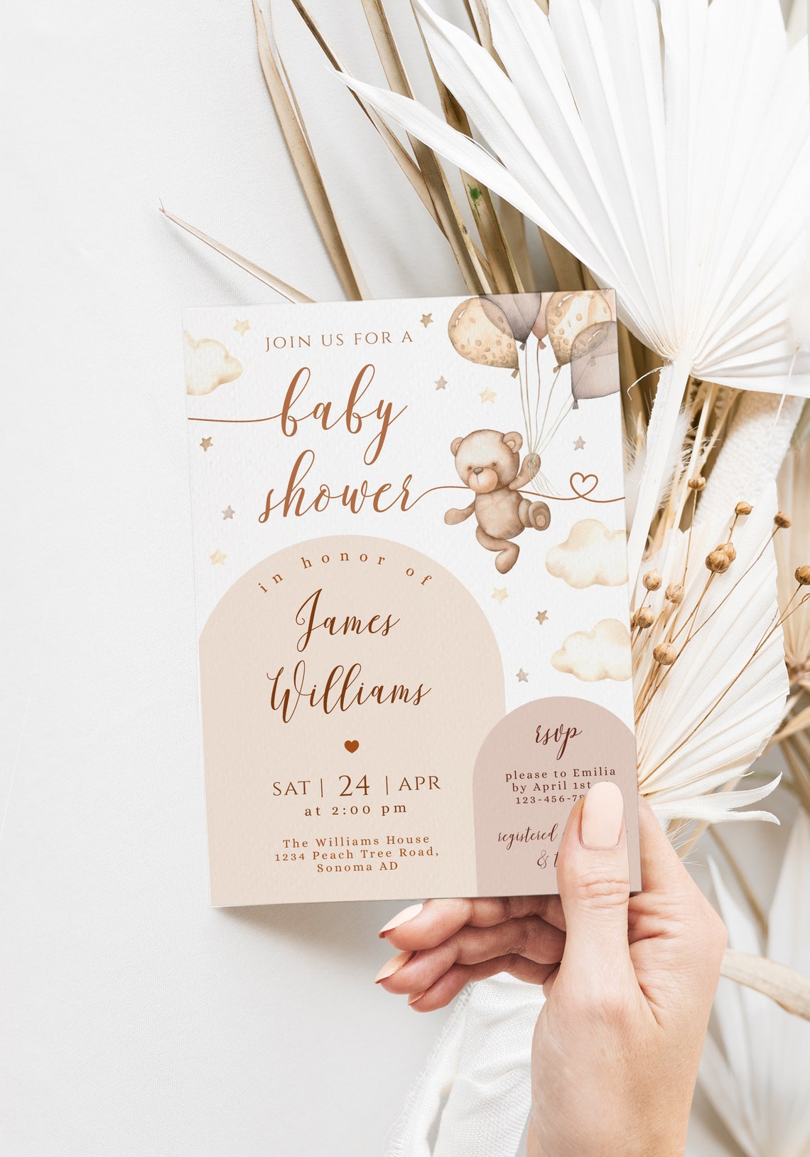 Brown Beige Bear Balloons Baby Shower Invitation Cord Gender Neutral ...