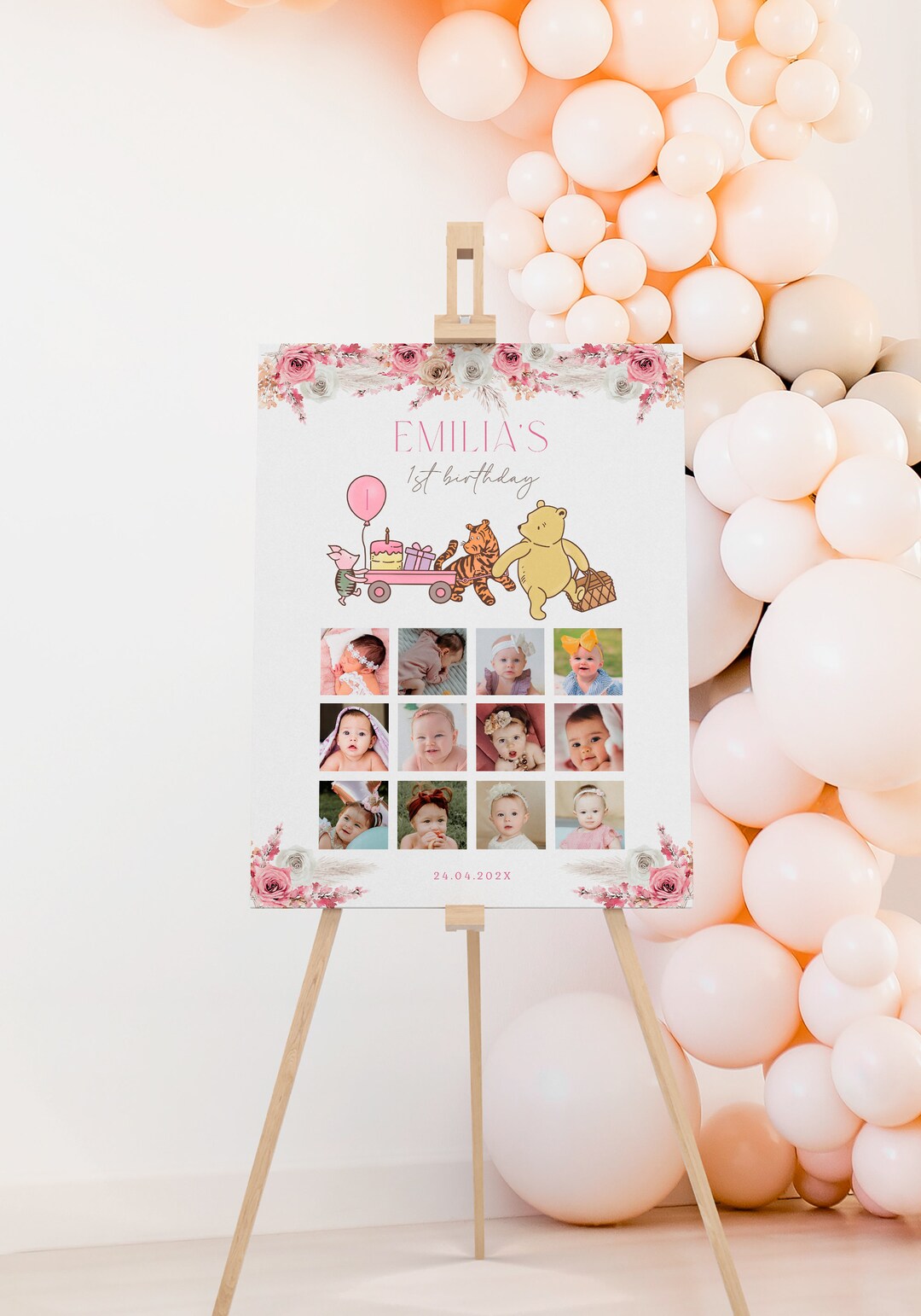 Boho Winnie the Pooh Girl First Year Photo Collage Poster, Editable ...