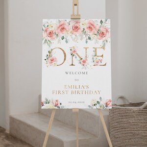 Editable First Birthday Floral Welcome Sign Printable, Pink Gold 1st ...