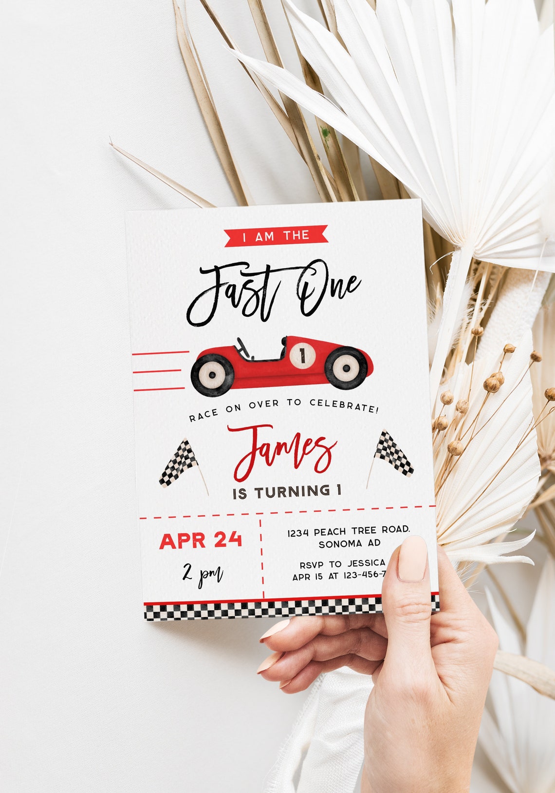 Fast One Red Racing Car Birthday Invitation Editable, Modern Race Car ...