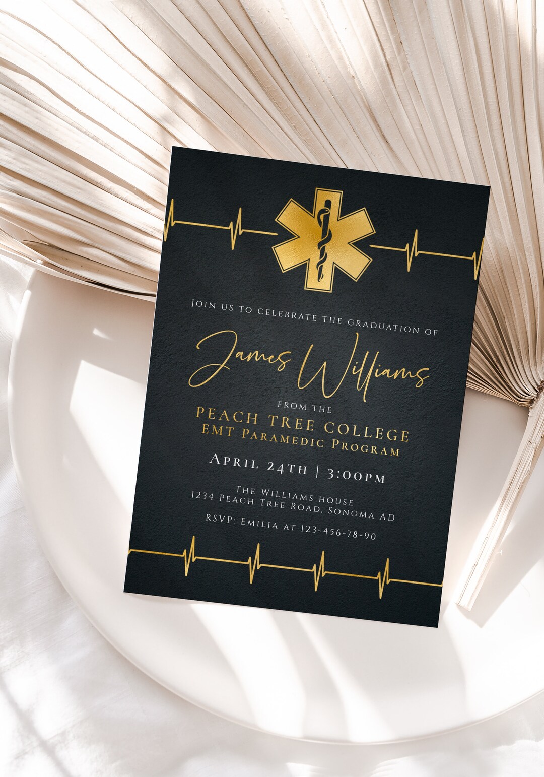 Black Gold Decor Paramedic EMT Graduation Invitation Card Printable ...