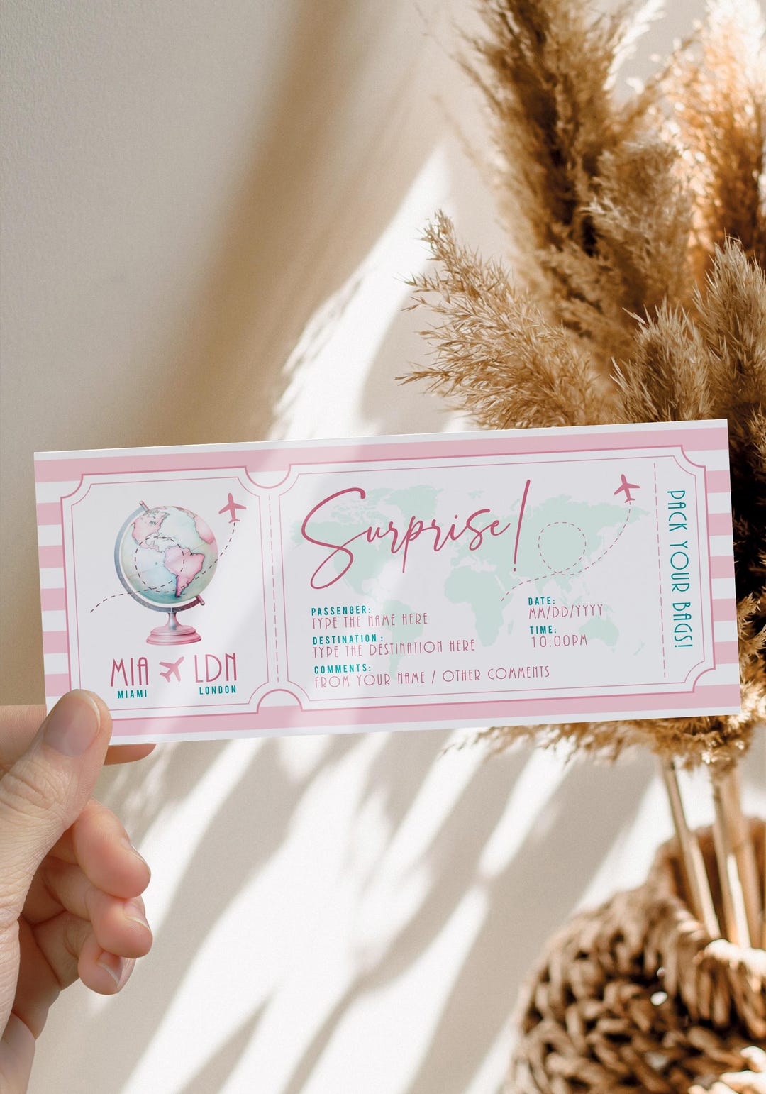 Surprise Airline Gift Ticket Printable, Pink and Green Flight Gift ...