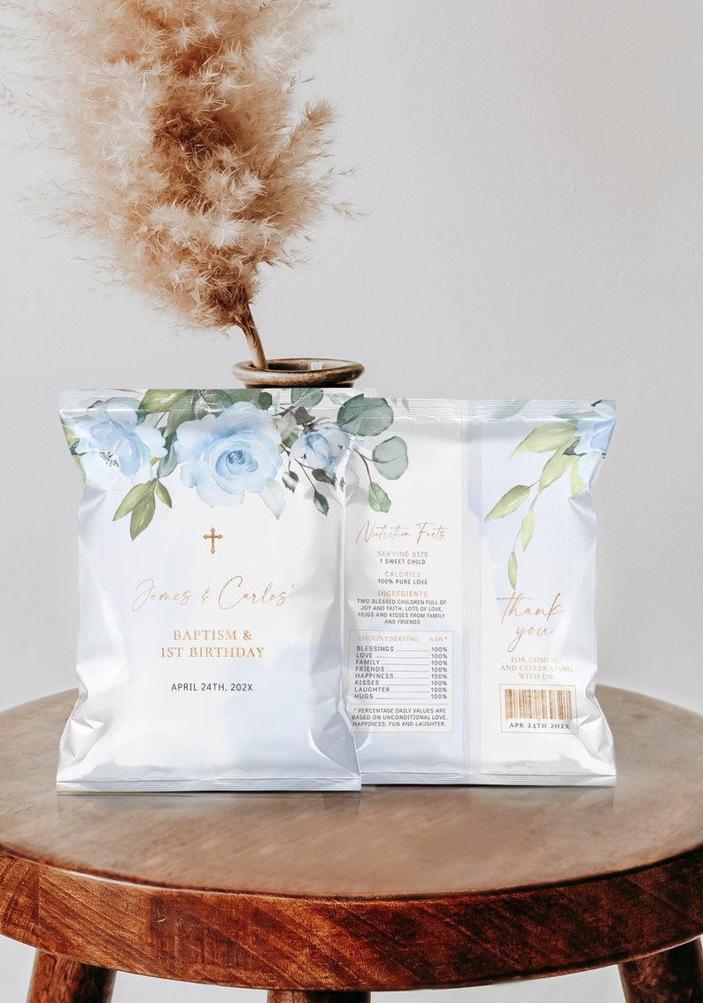 Blue Floral Baptism Christening Chip Bag Wrapper Gold Cross - Etsy