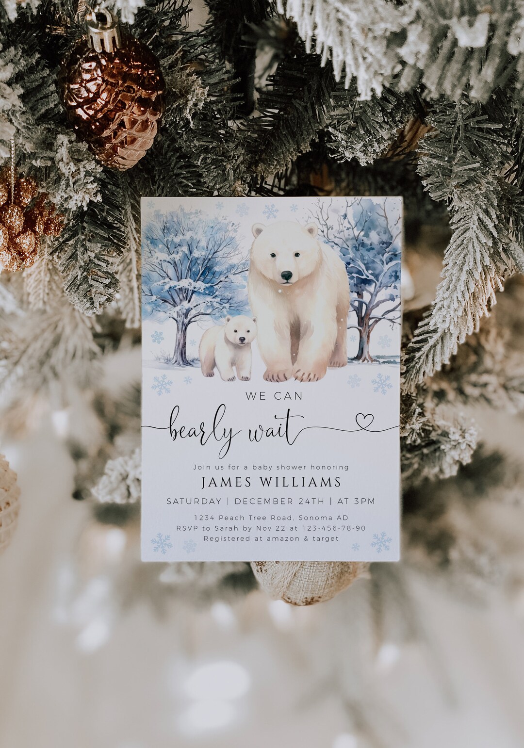 Polar Bear Baby Shower Invitation White Blue Printable, We Can Bearly ...
