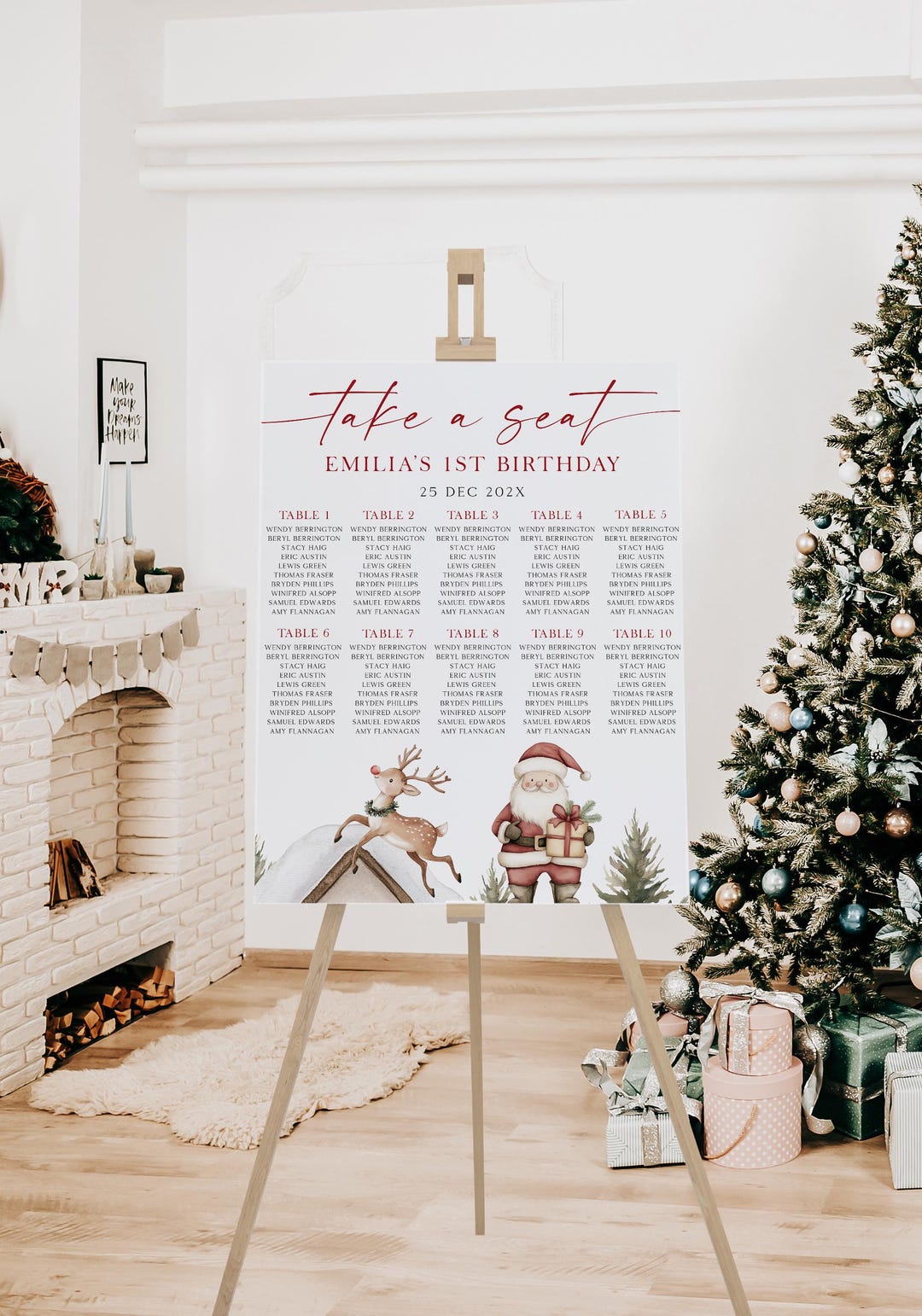 Christmas Santa & Reindeer Birthday Party Seating Chart Sign Printable ...