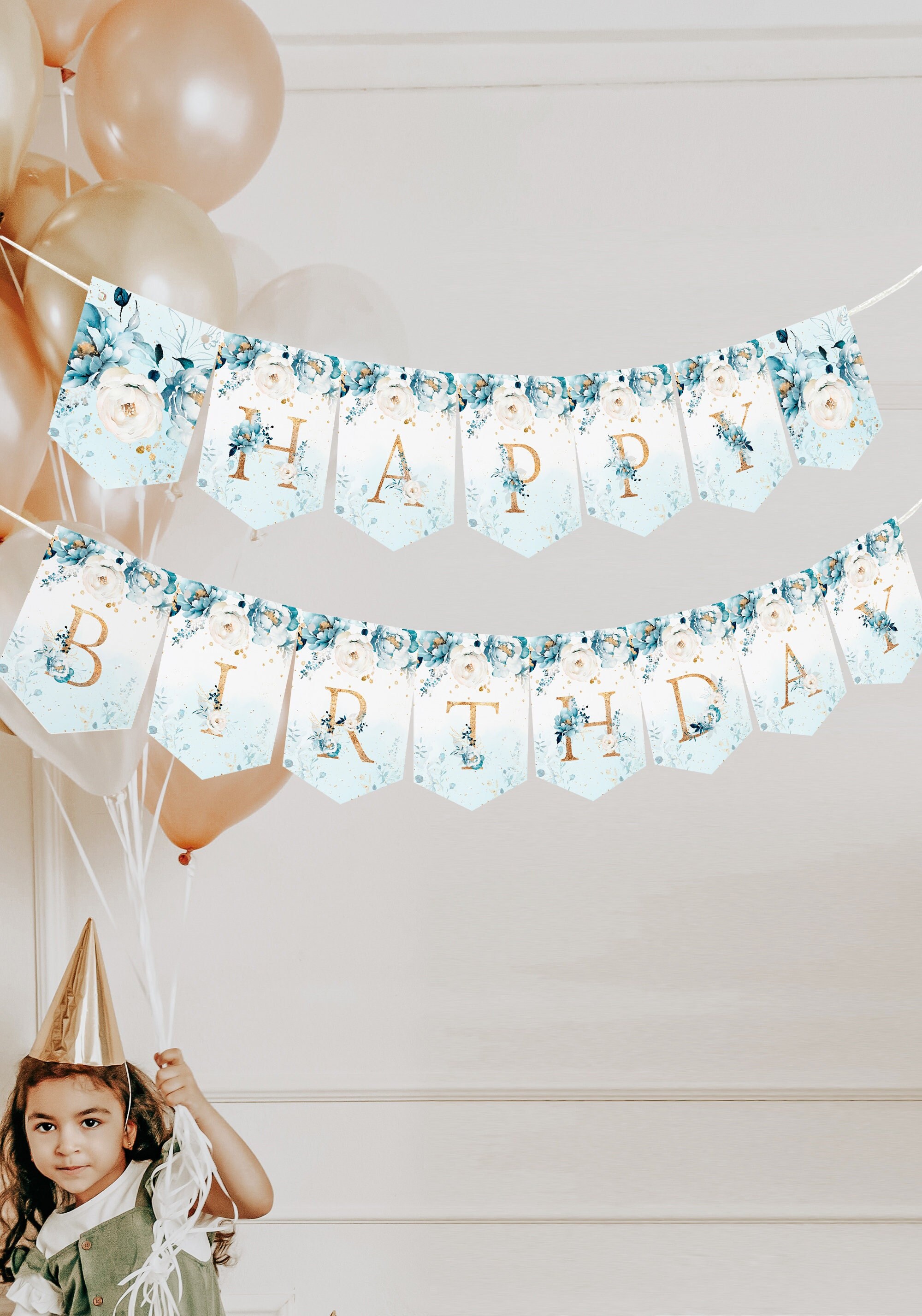Blue Gold Floral Happy Birthday Banner Printable Happy - Etsy