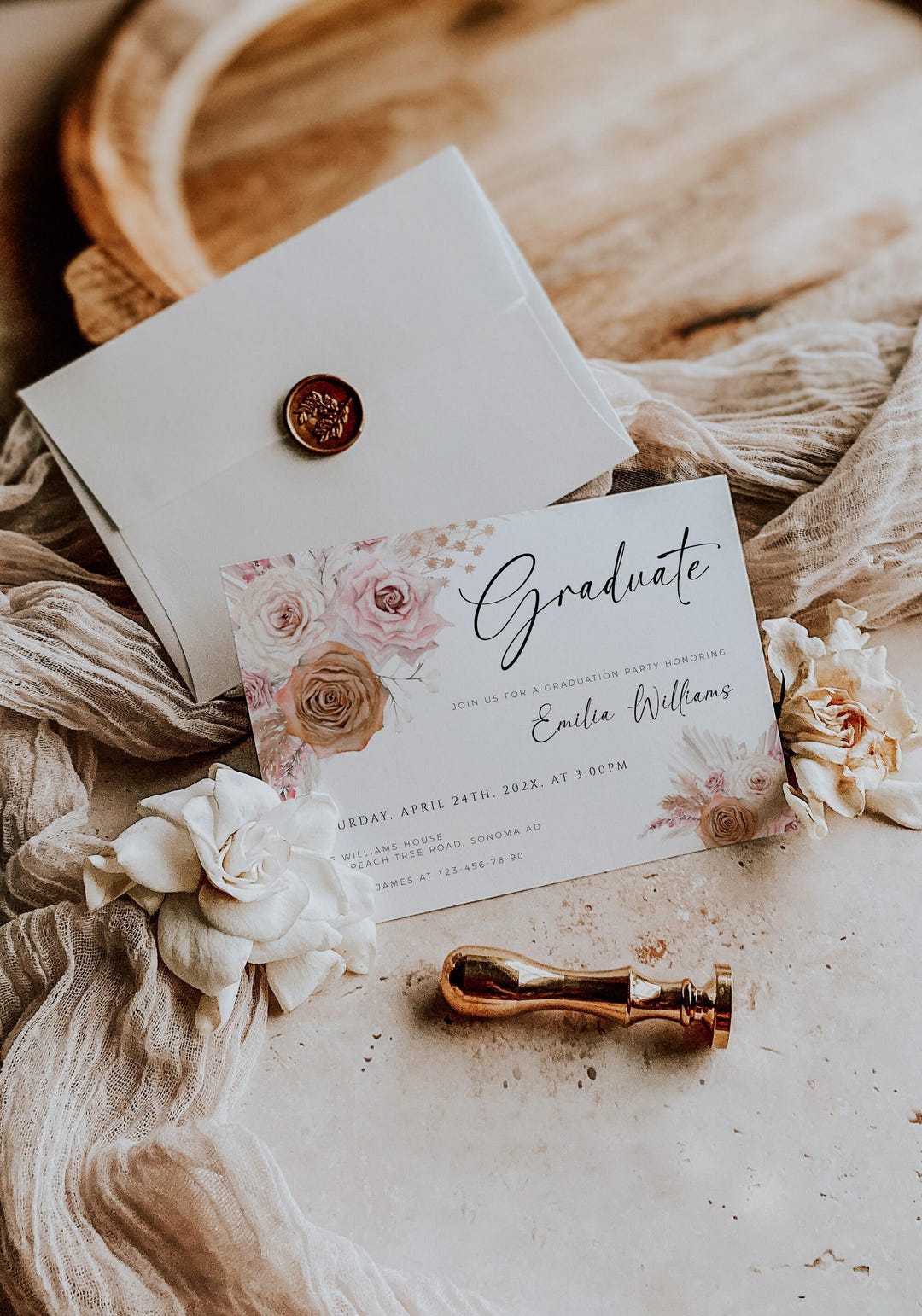 Boho Pink Floral Graduation Invitation Printable, Bohemian Graduation ...