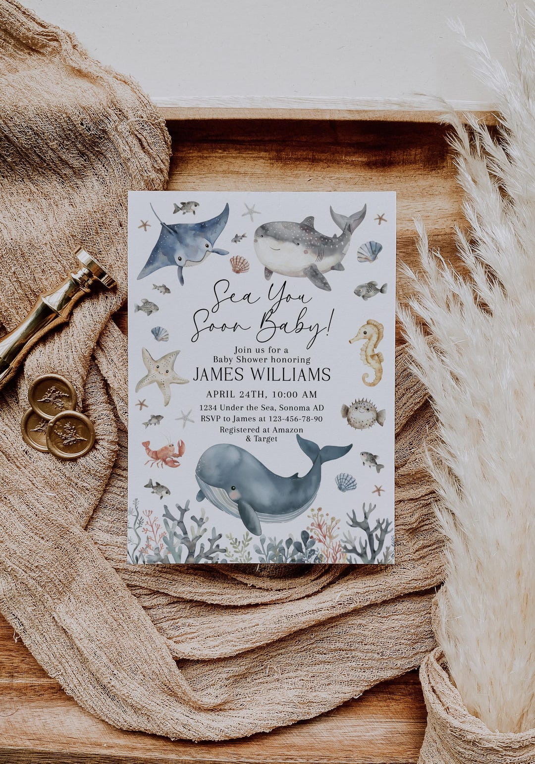 Sea You Soon Baby Shower Invitation Printable, Boy Ocean Baby Shower ...