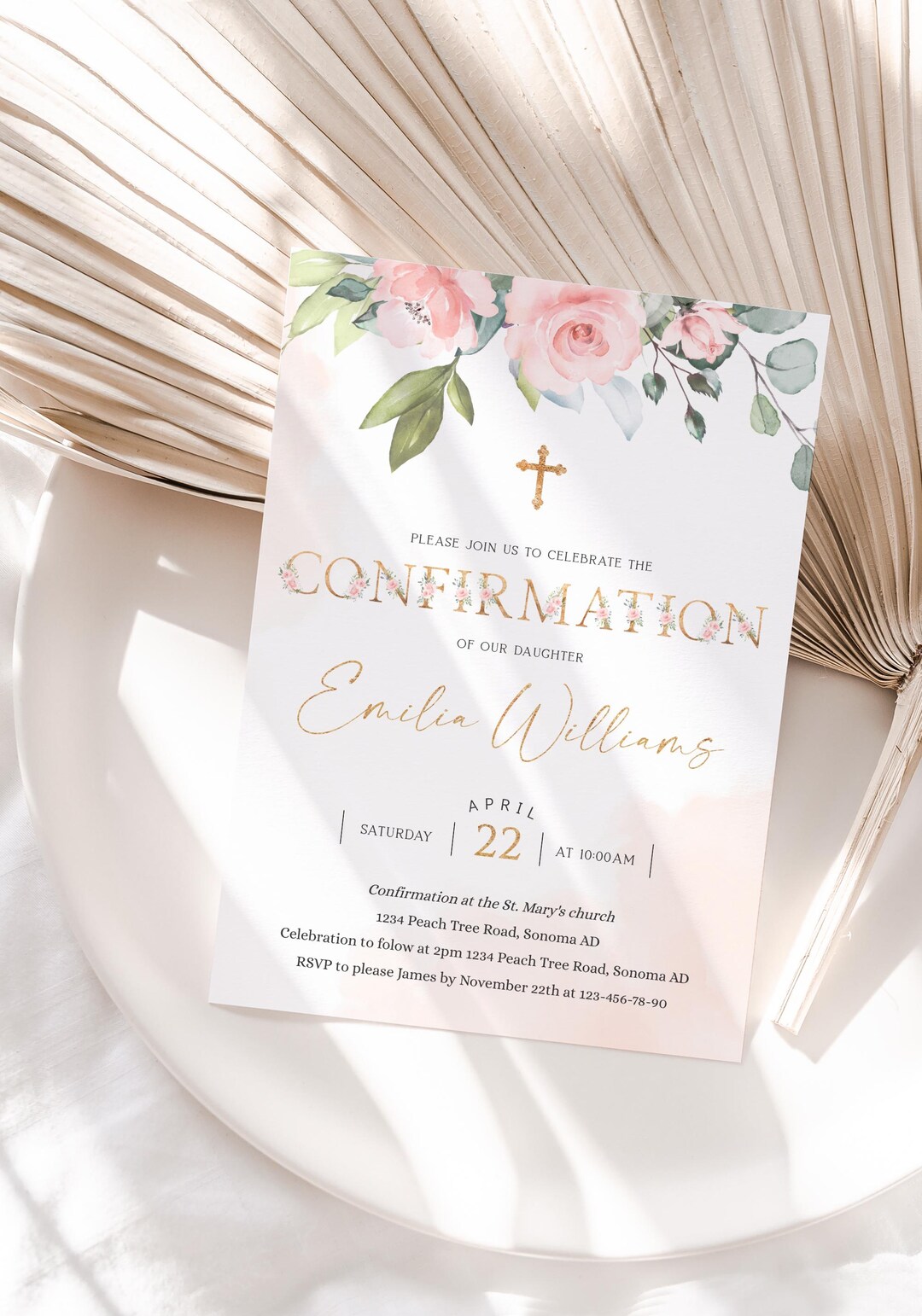 Flowers Confirmation Invitation Printable, Rustic Pink Floral Girl ...