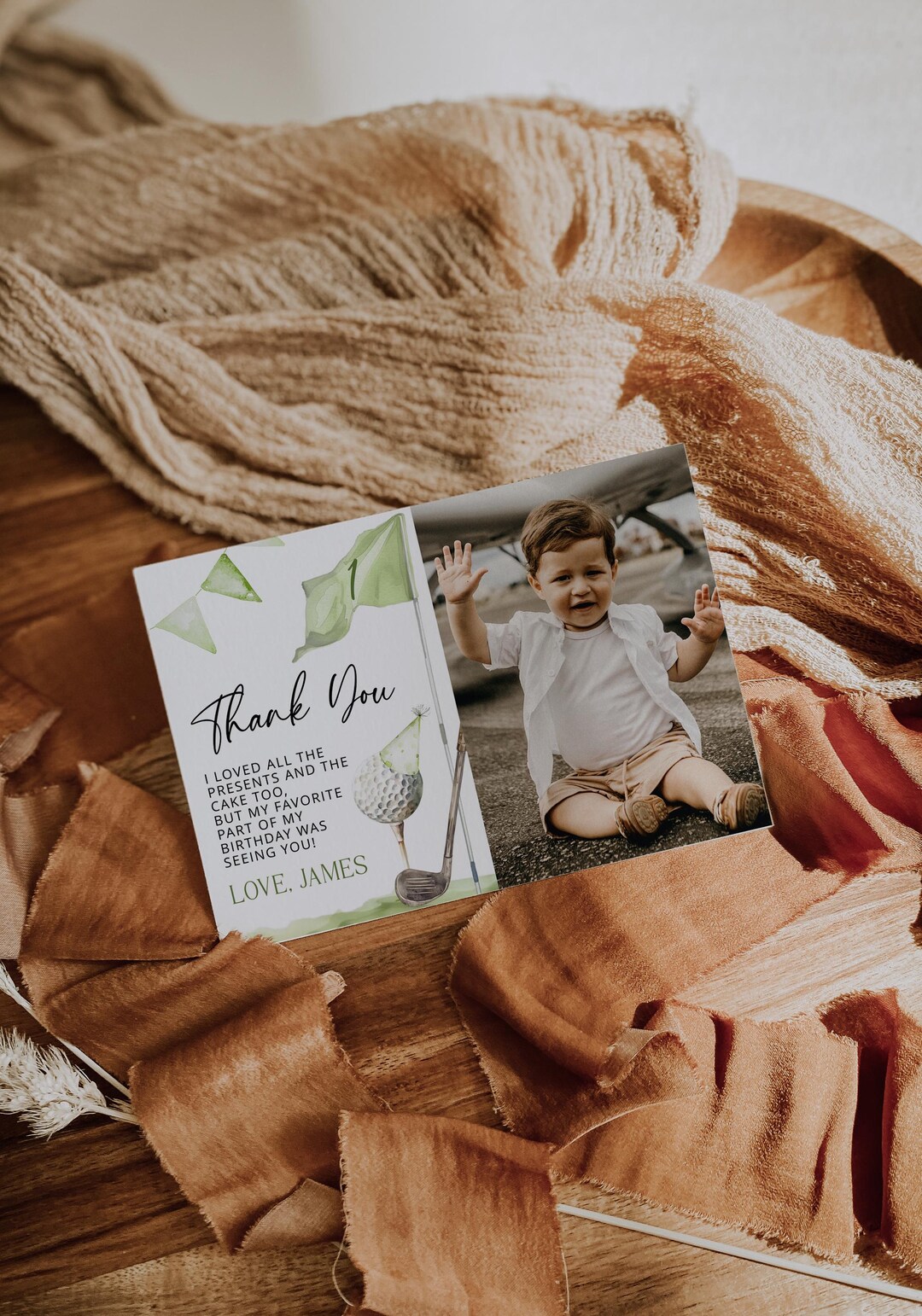 Golfing First Birthday Thank You Card With Photo Template, Green Golf ...