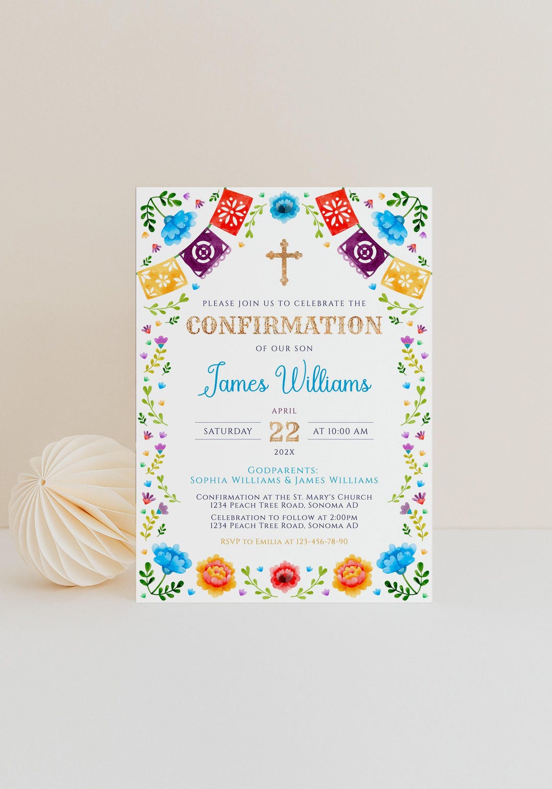 Mexican Theme Blue Confirmation Invite Printable, Mexican Flowers ...