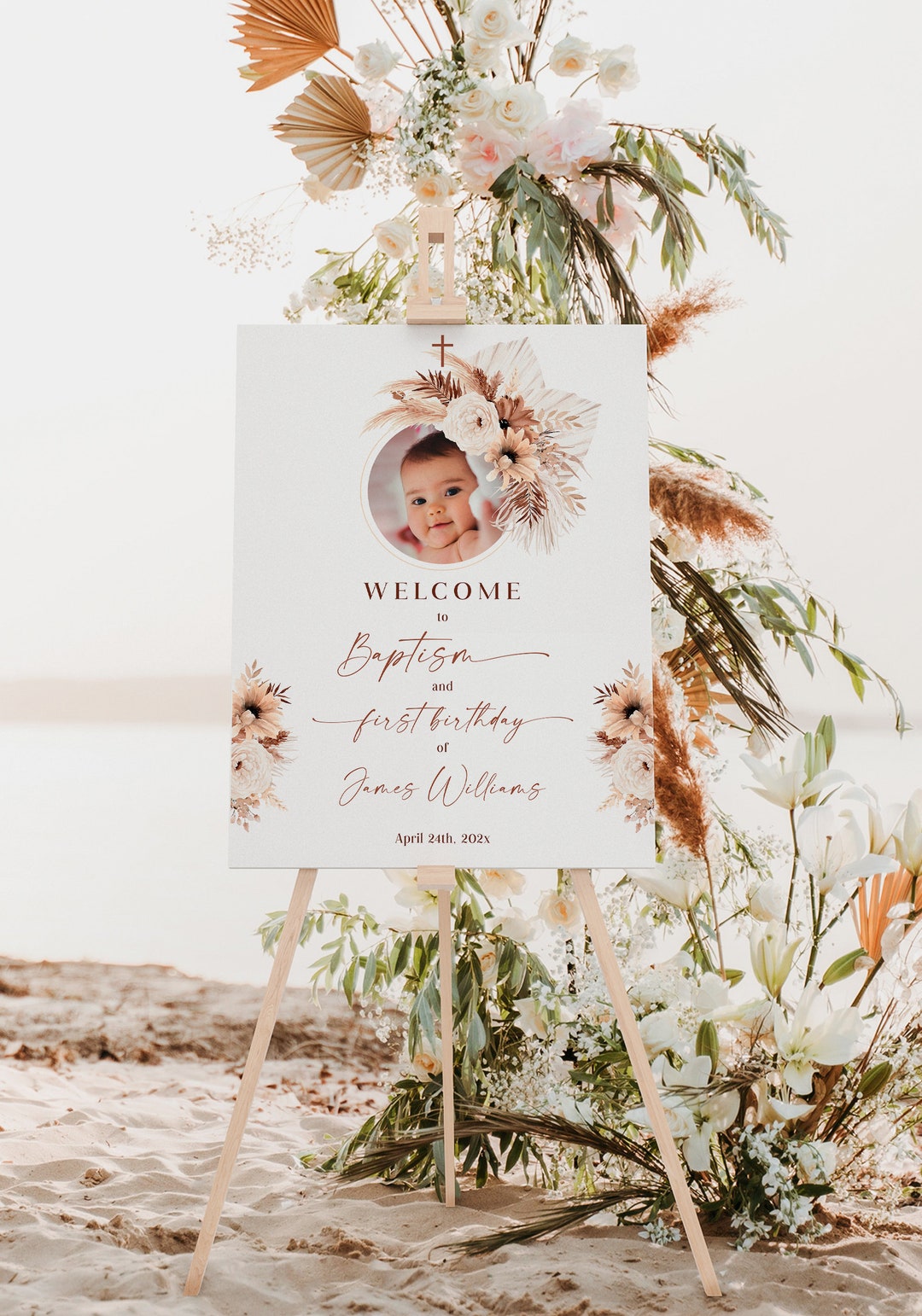 Baptism and First Birthday Sign Boho Boy With Photo Template, Bohemian ...