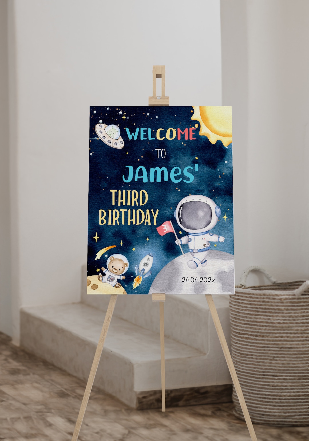 Blue Boy Outer Space Welcome Sign Poster, Astronaut Moon Space Party ...
