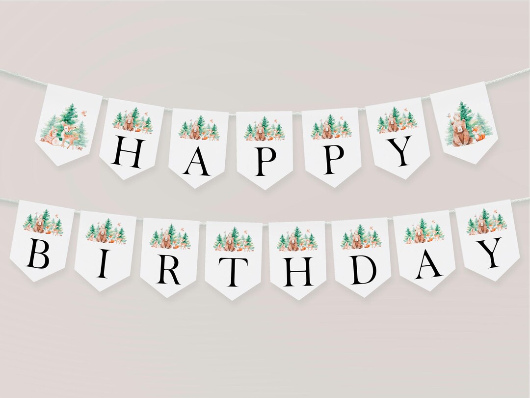 Woodland Happy Birthday Banner Printable, Modern Forest Animals Happy ...