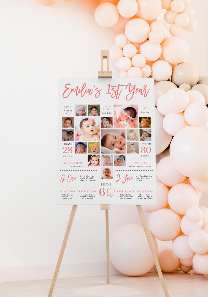 Heart 12 Months Photo Collage Editable, 1st Year Milestone Poster ...