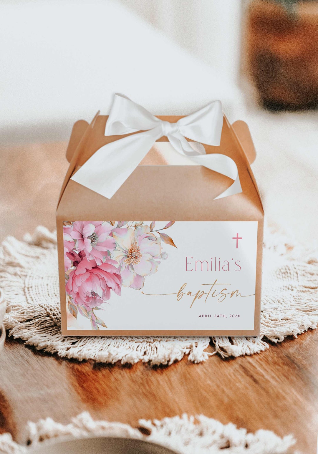 Editable Gold & Pink Religious Gift Box Label, Boho Floral Baptism ...
