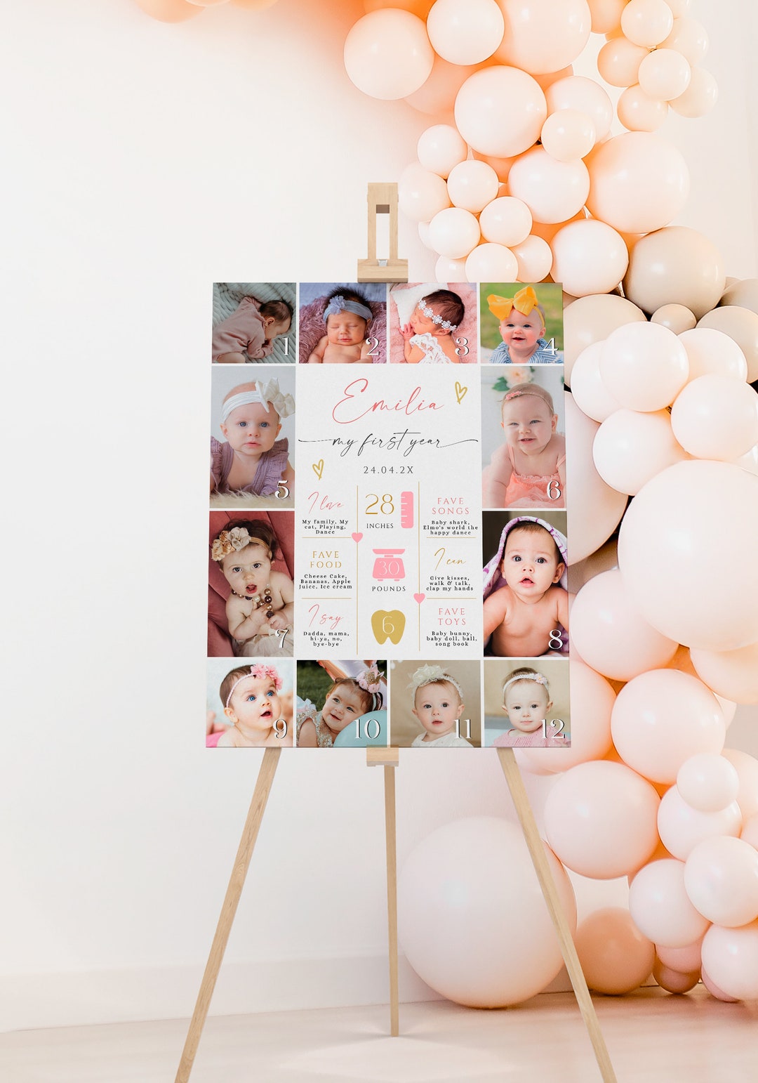 First Birthday Milestone Sign Printable for Little Girl Photo Collage ...