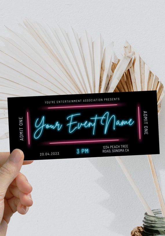 Neon light event ticket template, editable event tickets, birthday ...
