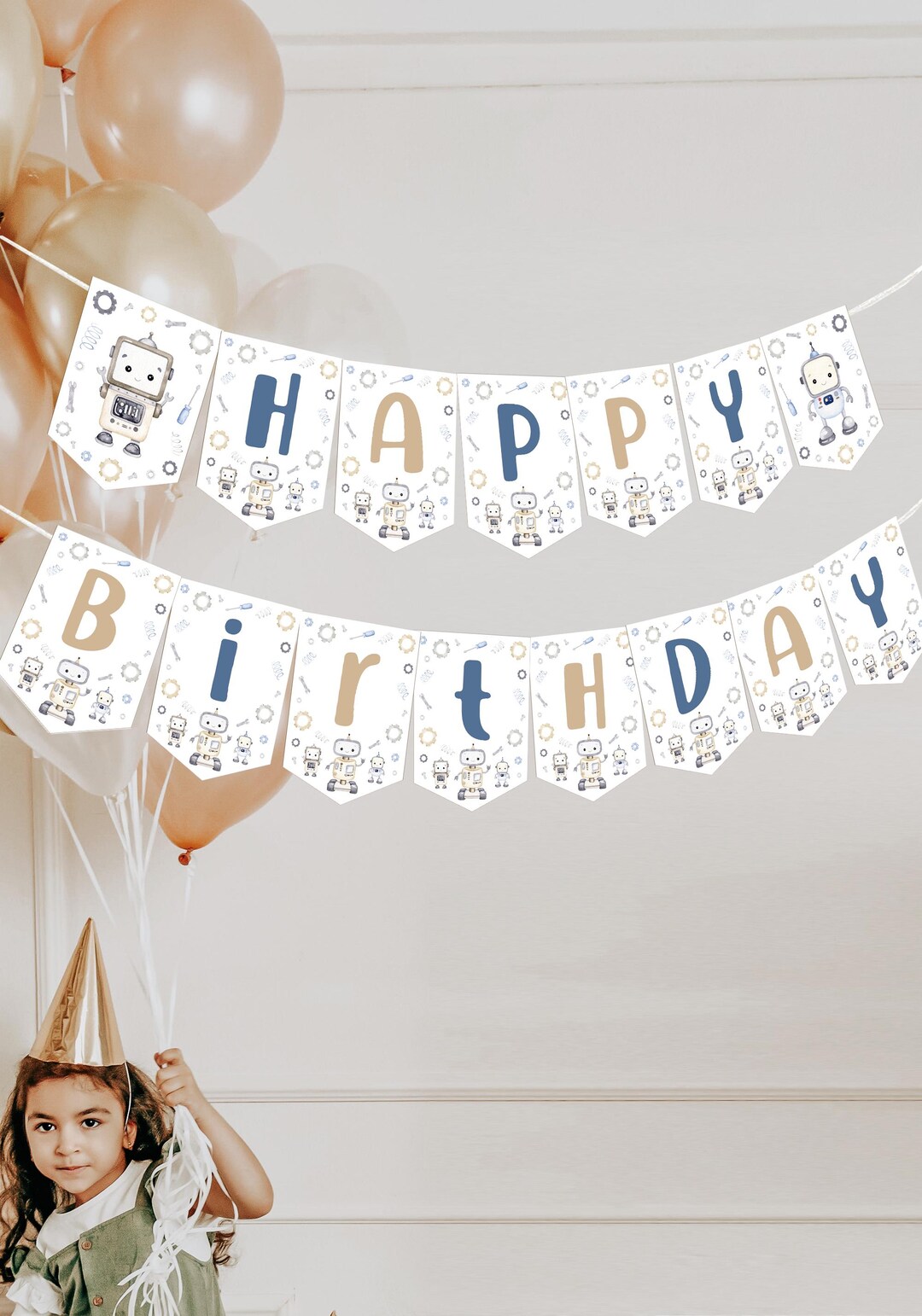 Robot Happy Birthday Banner Editable, Watercolor Cute Robots Happy ...