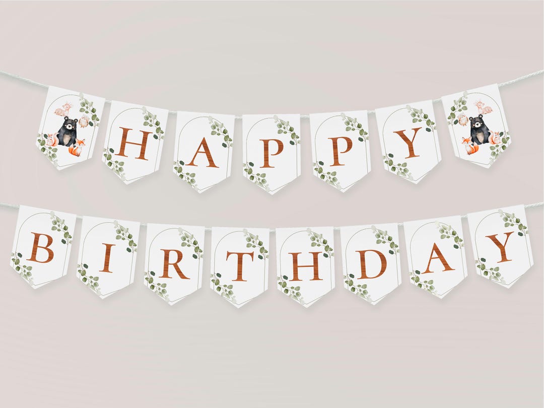 Woodland Happy Birthday Banner Printable, Green Eucalyptus Arch ...