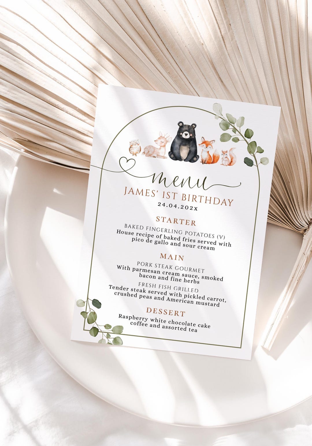 Woodland 1st Birthday Party Menu Card Template, Cute Forest Animals ...
