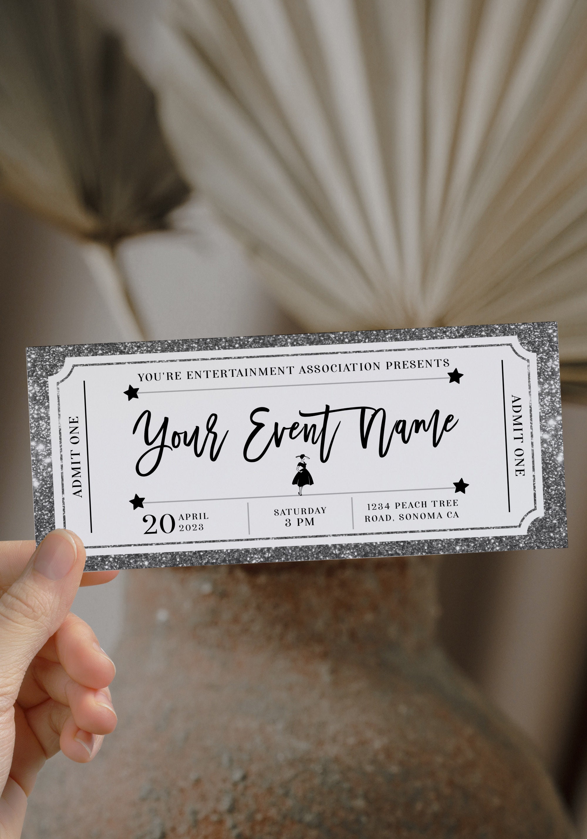 Silver Event Ticket Template, Editable Event Tickets, Birthday Concert ...