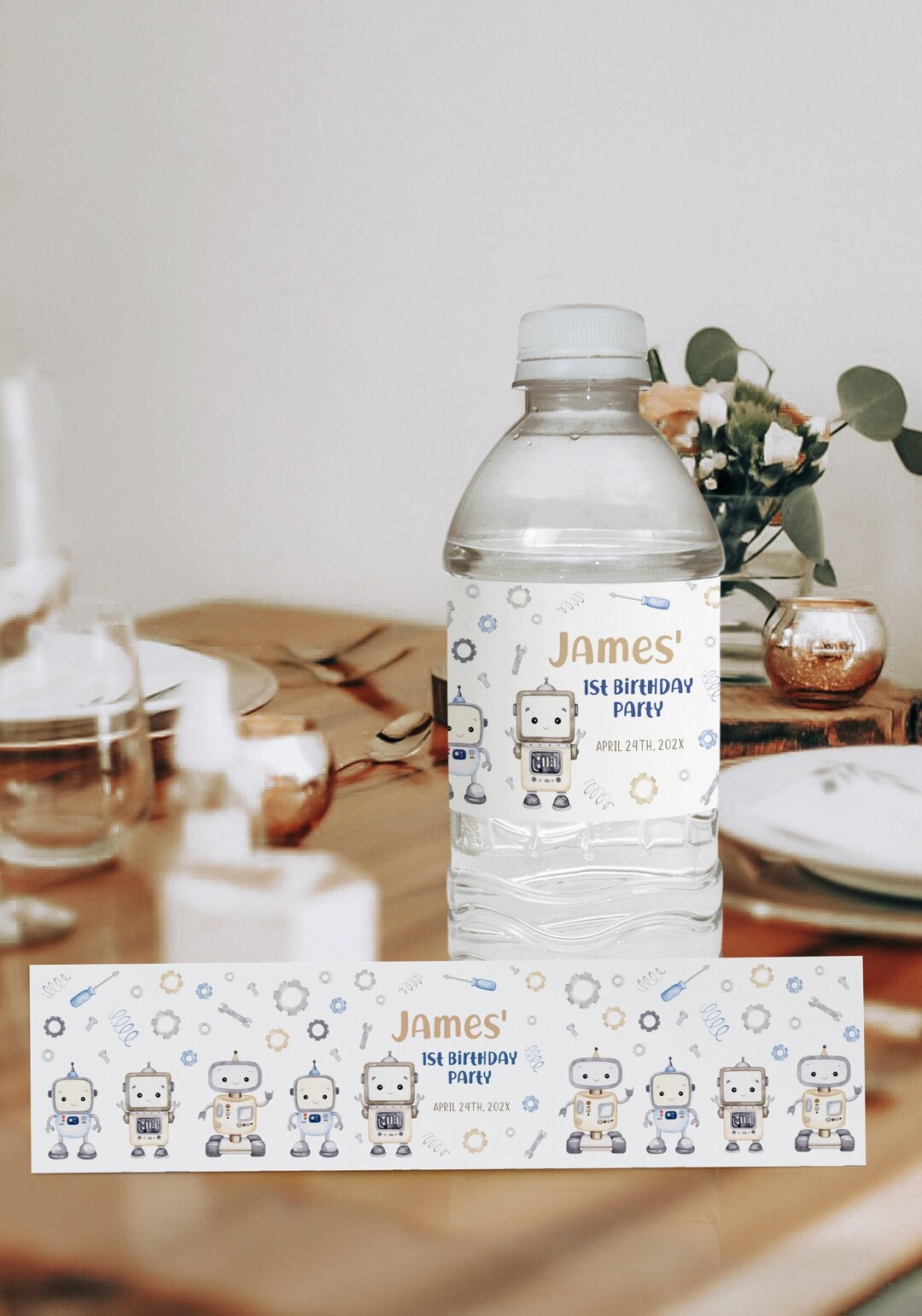 Boy 1st Birthday Party Water Bottle Label Printable, Blue Little Robots ...