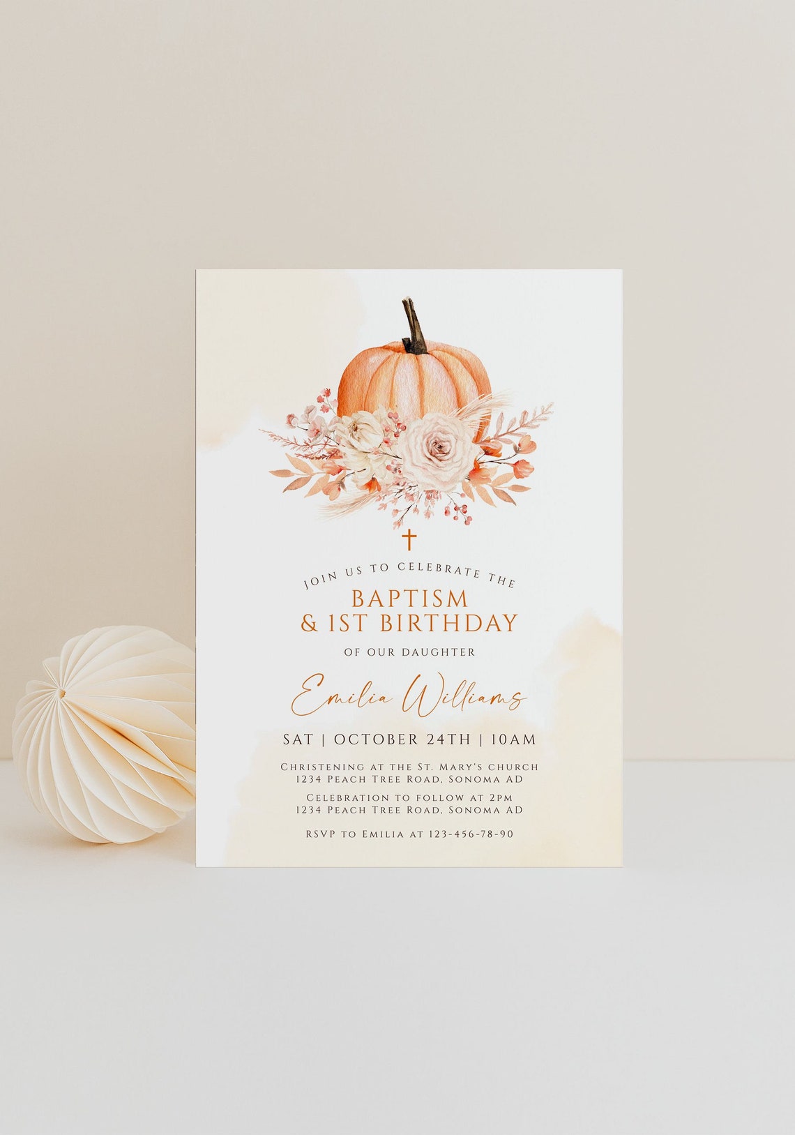 Editable Modern Autumn Baptism and First Birthday Invitation for a Girl ...