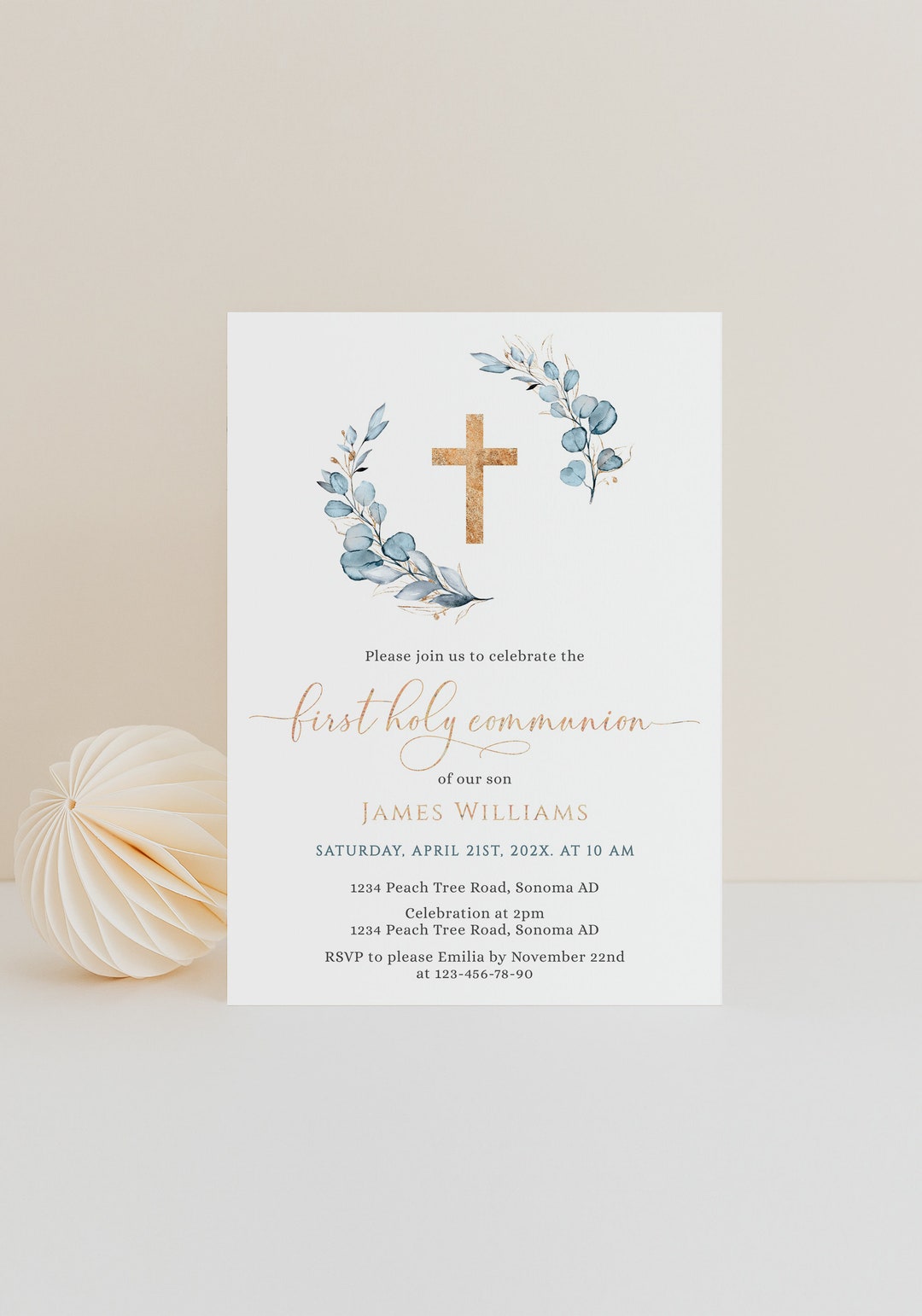 Blue Gold Boy First Holy Communion Invitation, Boy First Communion ...