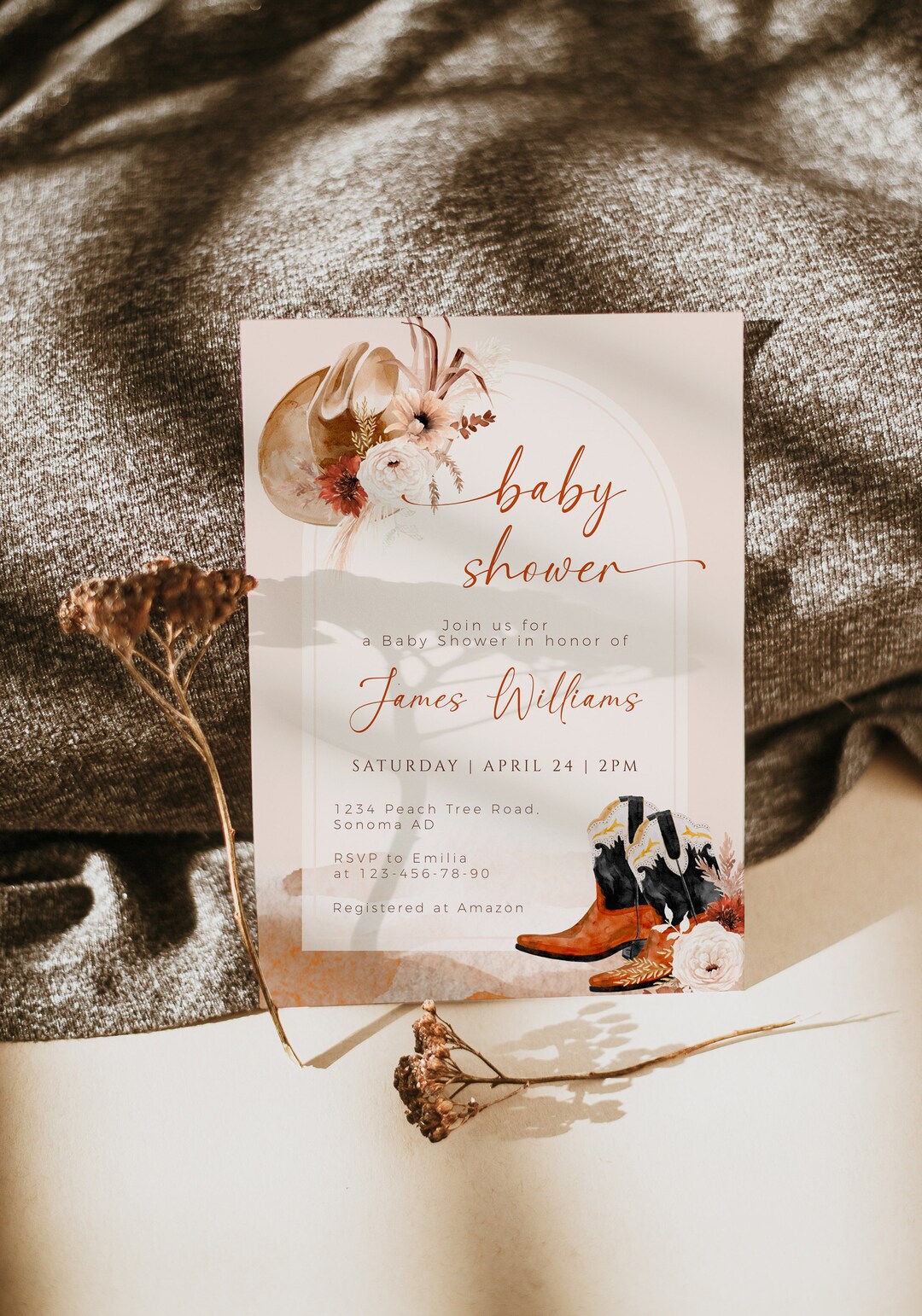 Country Western Baby Shower Invitation Editable and Decor, Boho Arch ...