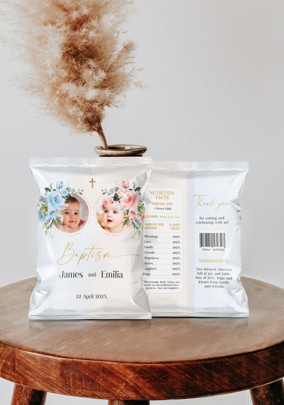 Editable twin baptism chip bag with photo, boy girl baptism chip bag ...
