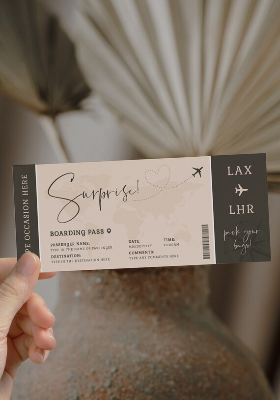 Editable boarding pass template, birthday surprise airplane ticket ...