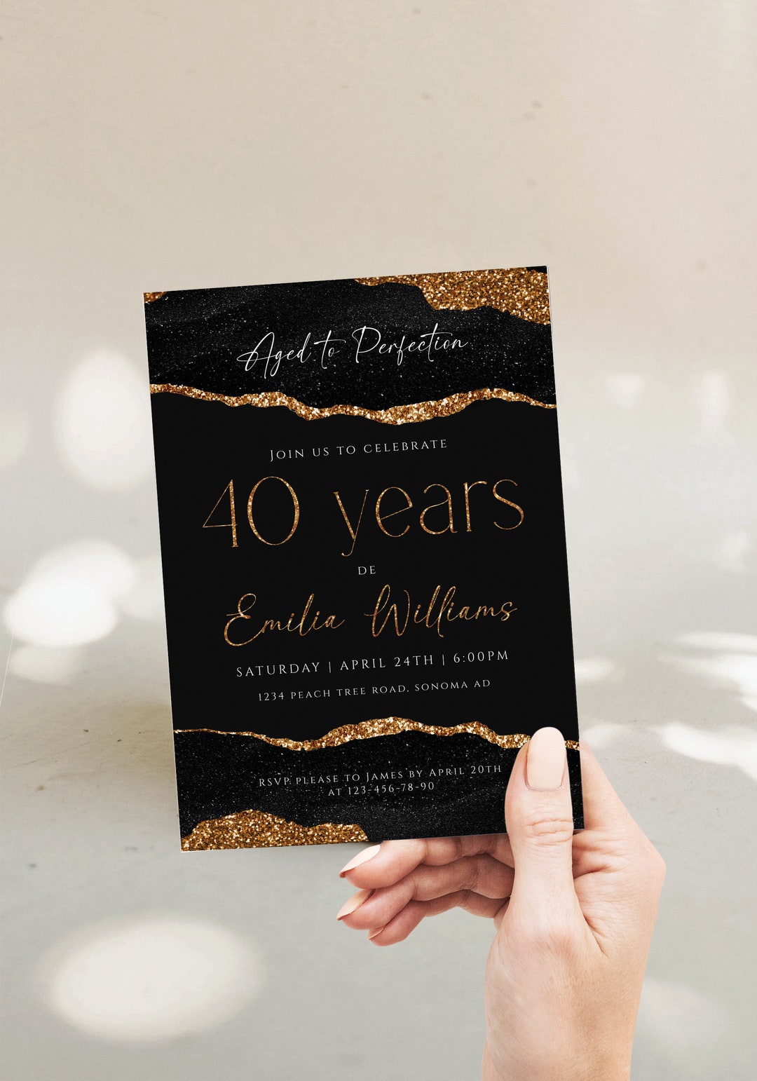 Black & Gold Adult 40th Birthday Invitation for Him or Her, Any Age ...