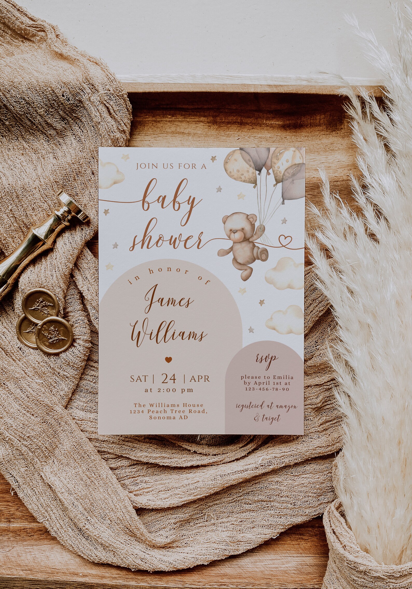 Brown Beige Bear Balloons Baby Shower Invitation Cord Gender Neutral ...